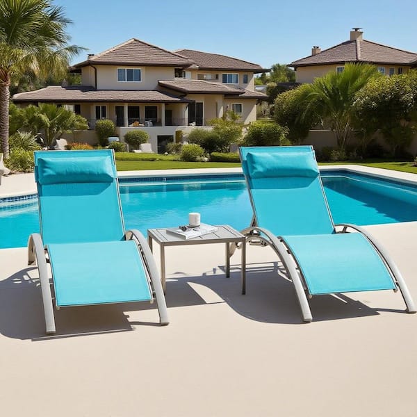 3-Piece Lake Blue Metal Outdoor Bistro Bar Set with Adjustable Backrest ...
