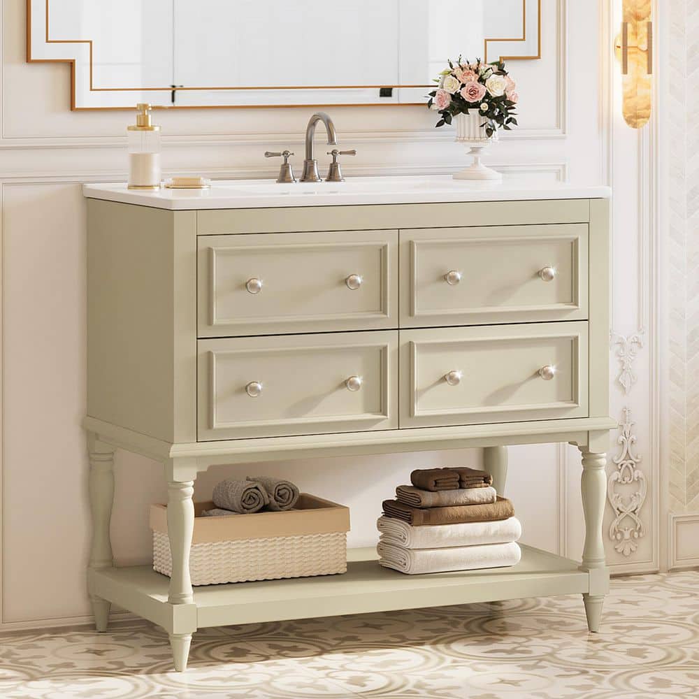 BYBLIGHT 36 in. Single Sink Freestanding Beige Bath Vanity with White ...