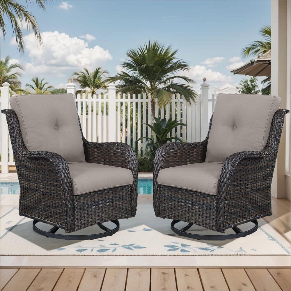 Bellefurn WellCane Brown 2-Piece Wicker Outdoor Swivel Glider Patio Rocking Chair with 3. 9in ...