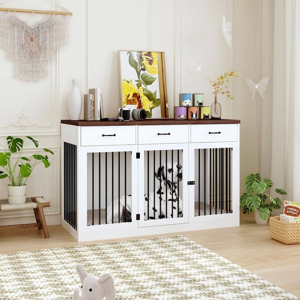 FUFU&GAGA Large Dog Cage Storage Cabinet, Dog House Furniture Style Dog Crate with 3 Drawers for ...