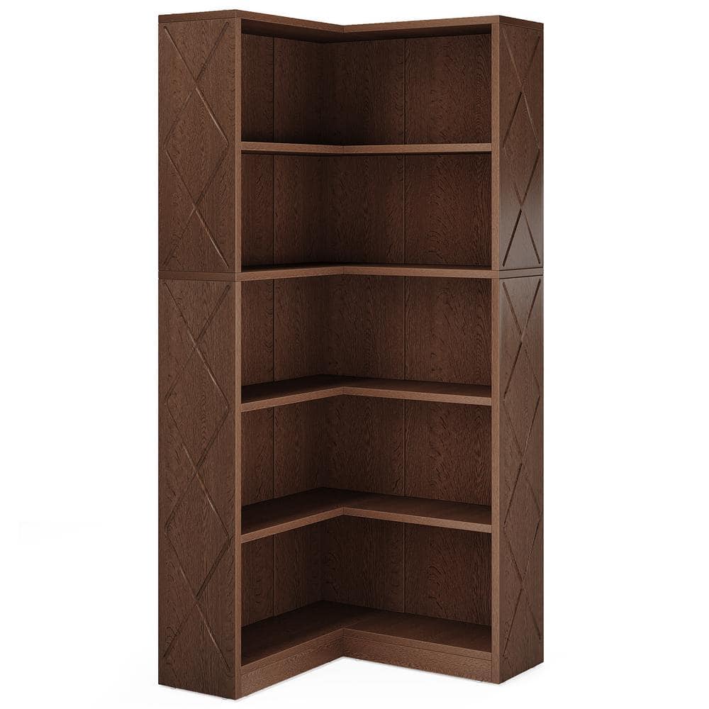 BYBLIGHT Eulas 70.9in. Tall Brown Wood Corner Bookcase with 5 Open ...
