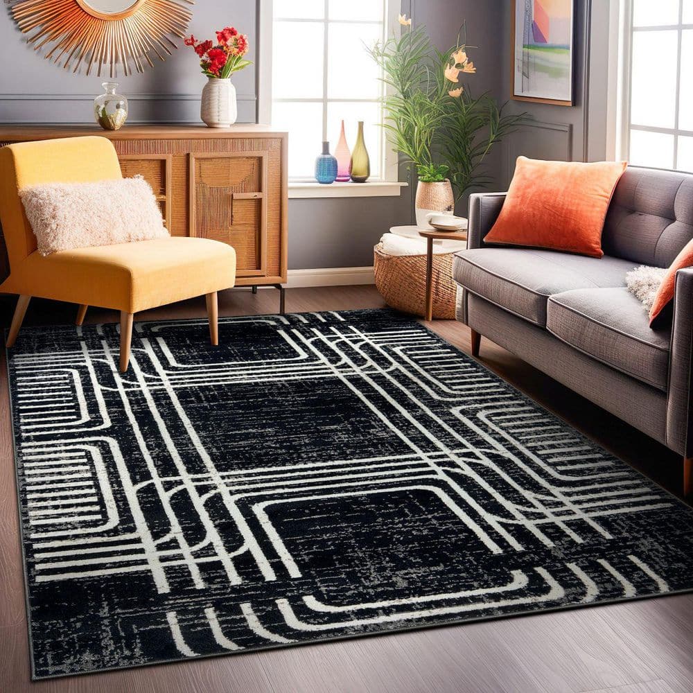 World Rug Gallery Bohemian Lines Area Rug Black 5 ft. x 7 ft. Area Rug WR104BLACK5X7 - The Home ...