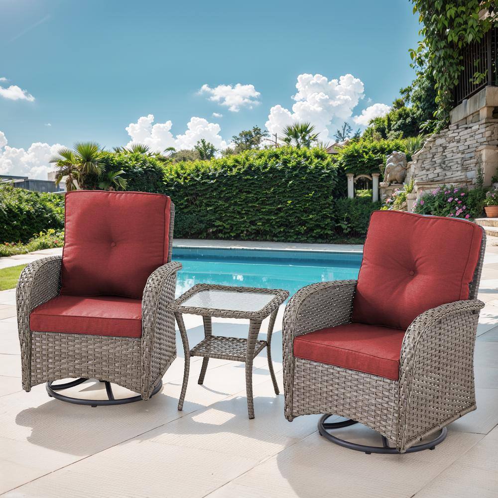 Opohoro PlainCurve 3-Piece Gray Wicker Swivel Outdoor Rocking Chairs ...