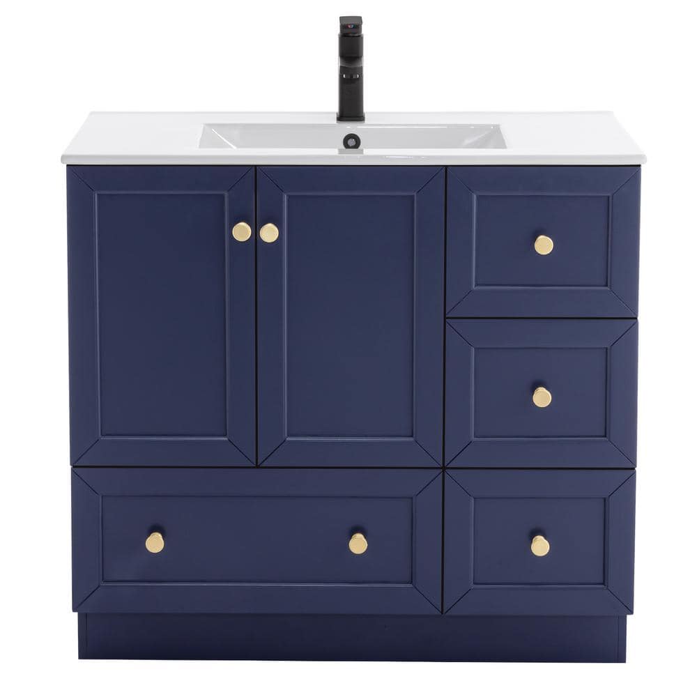 eclife 36 in. W x 18.1 in. D x 34 in. H 1-Sink Freestanding Bath Vanity in Blue With White ...