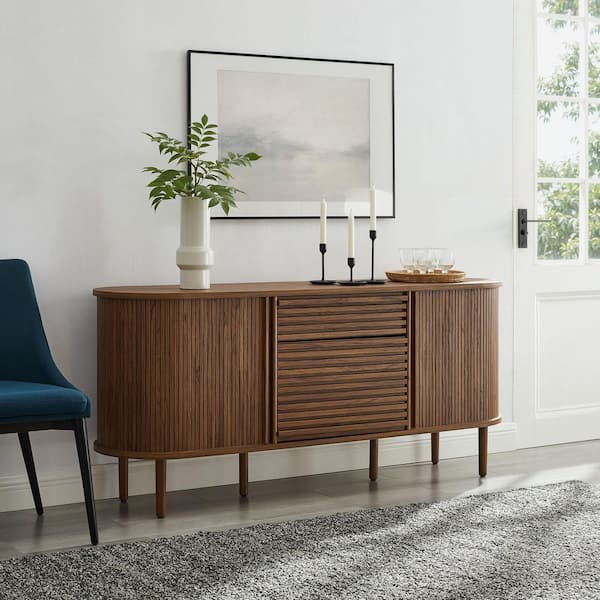 MODWAY Harlan Walnut MDF 67 in. Fluted Oval Sideboard Cabinet with ...