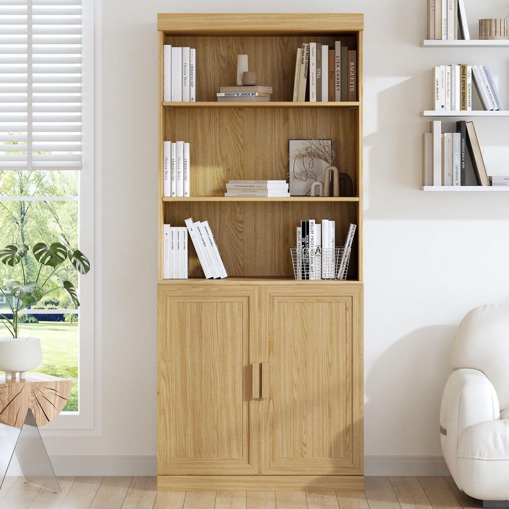 Lirago 72 in. Tall Light Brown Wood 5-Shelf Bookcase with Adjustable ...