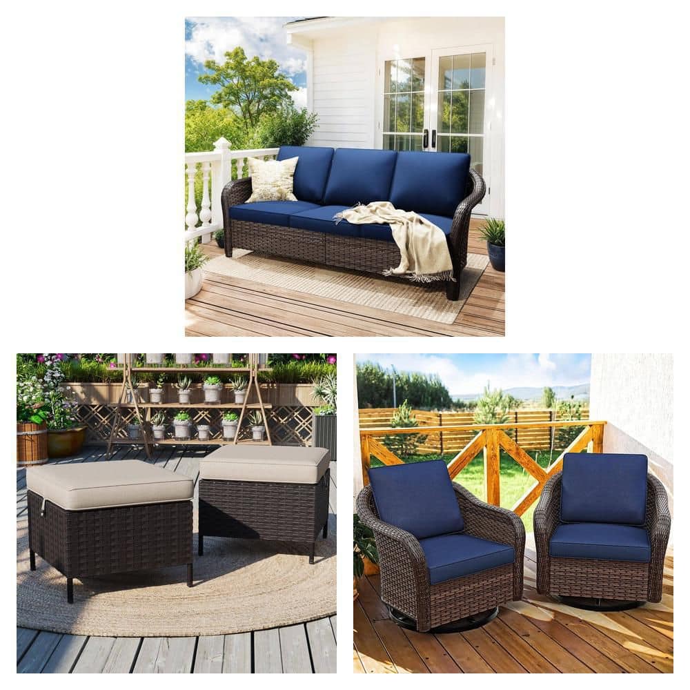 JOYSIDE Brown Wicker Patio Set: (2) Ottomans with Beige Cushions ...