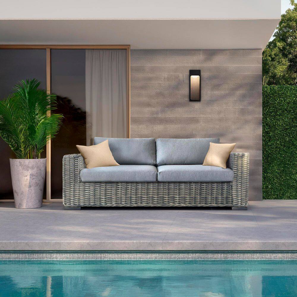 Kinger Home Larry Lava Gray Premier Rattan Wicker Outdoor Loveseat with Soft Light Blue Cushions ...