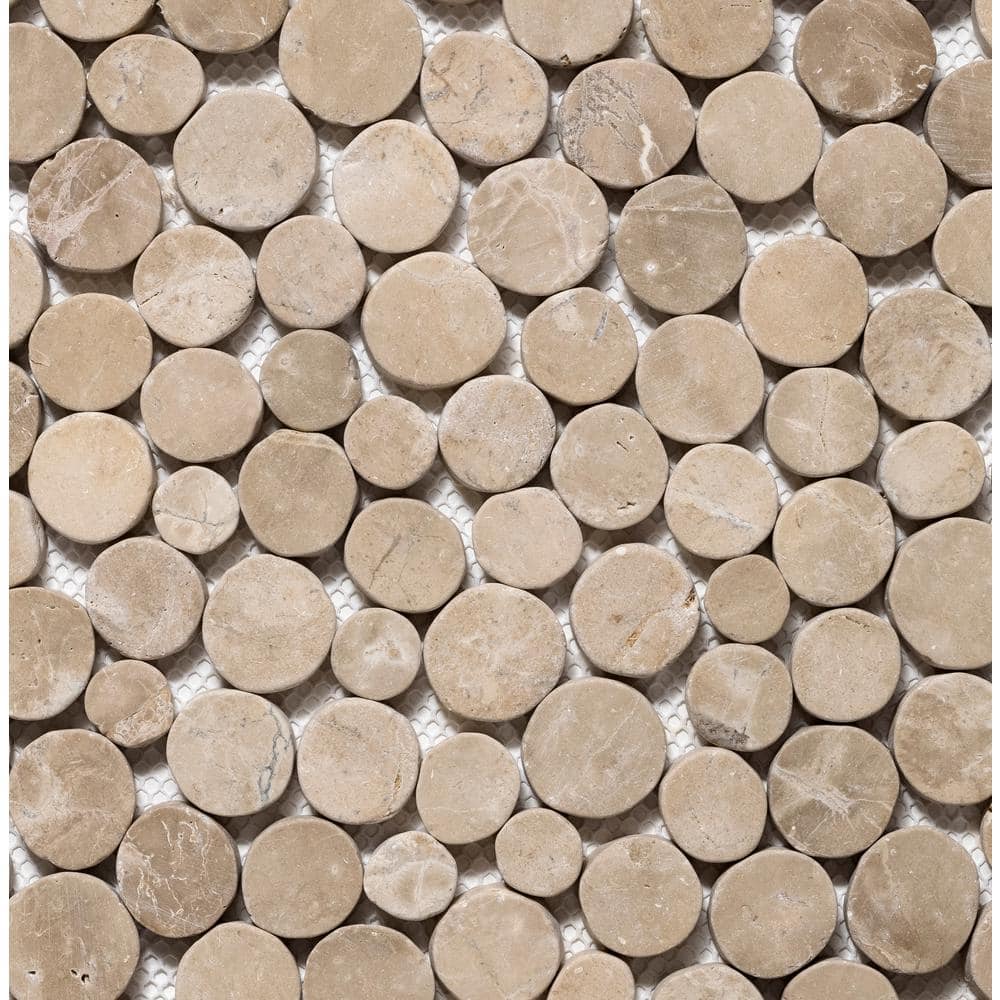 CRUZ BAY STUDIO Stone Penny Rounds Tan 4 in. x 6 in. Honed Marble Mesh ...