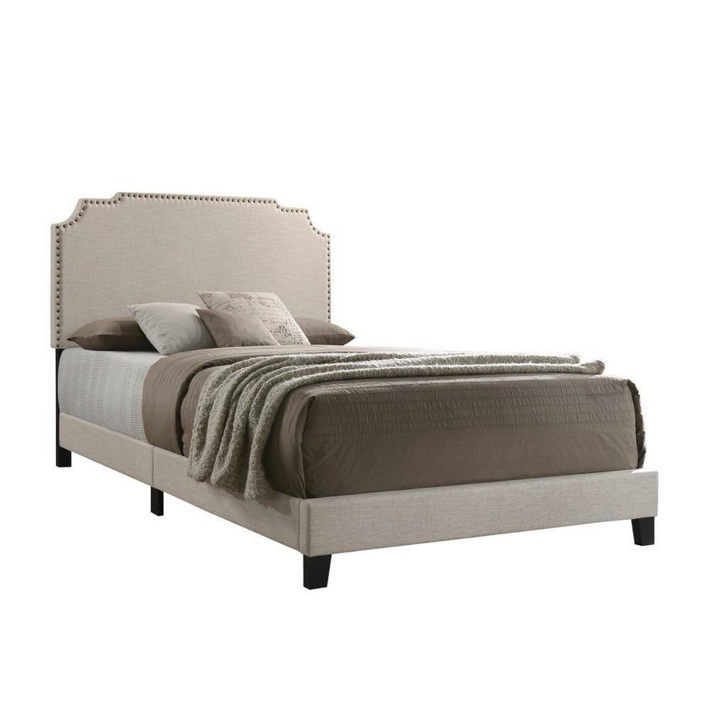 Benjara Beige Wood Frame Queen Platform Bed with Nailhead Trims ...
