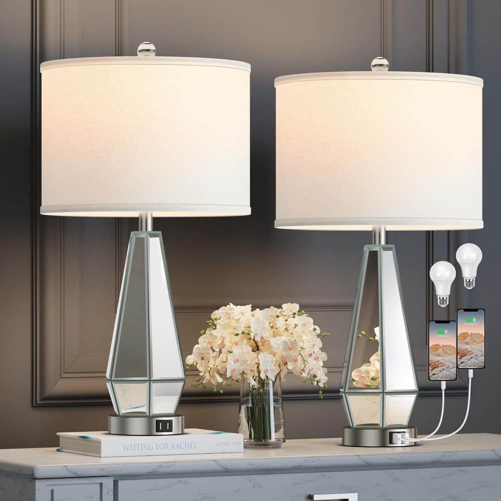 Rottogoon 25 in. Mirrored Glass Table Lamps (Set of 2), Modern Silver ...