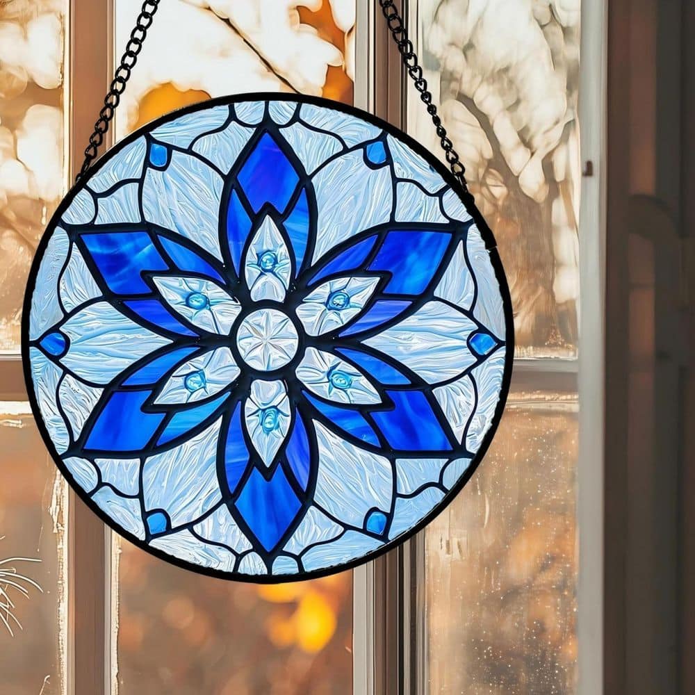 Blue Flowers Stained Glass Art Glass Window HDF2T3XJFD - The Home Depot