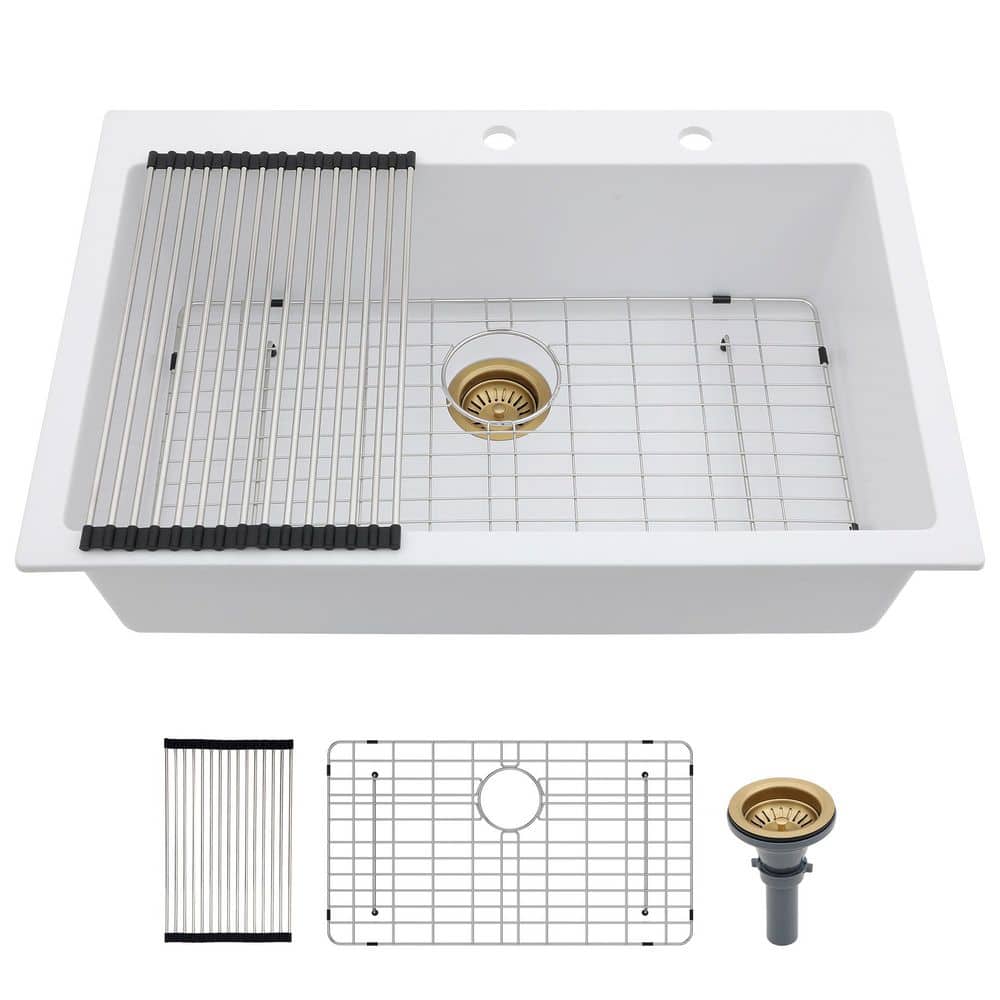 Sarlai 33 in. Drop-In Single Bowl Matte White Round Corner Quartz ...