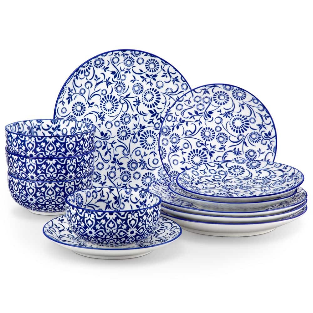vancasso 12-Piece Blue Porcelain Dinnerware Set Service for 4 Sunflower ...