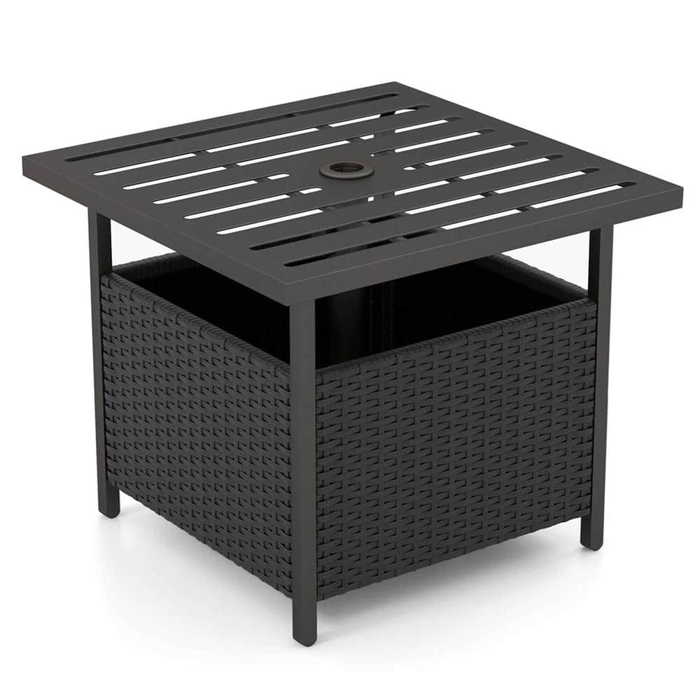 Costway Black Square Wicker Outdoor Side Table with umbrella hole ...