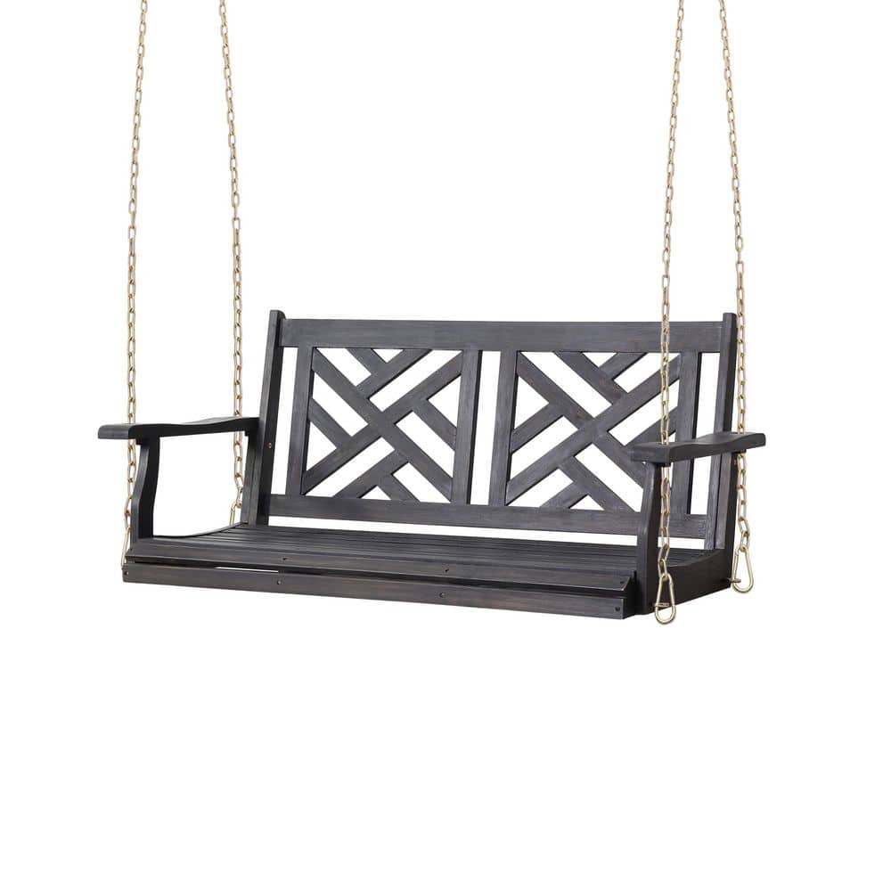 2-Person Dark Gray Acacia Wood Porch Swing with Slatted Backrest and ...