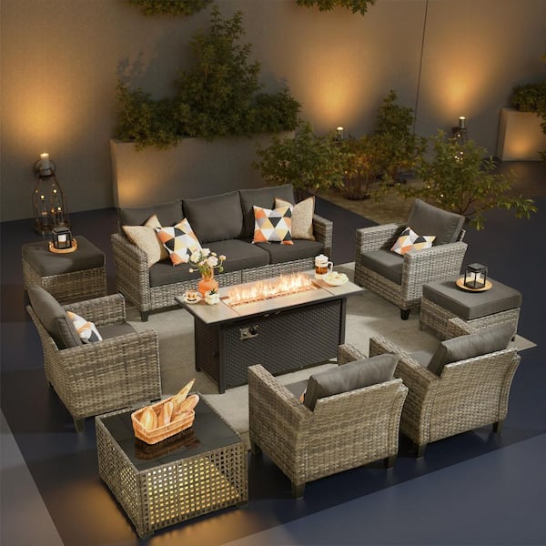 XIZZI Ironclad 9 Pieces Wicker Outdoor Patio Rectangular Fire Pit Set ...