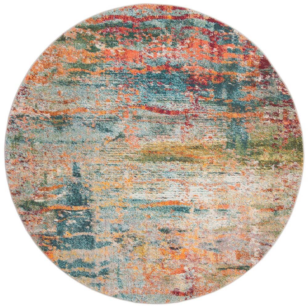 SAFAVIEH Monaco Teal/Orange 9 ft. x 9 ft. Abstract Round Area Rug ...