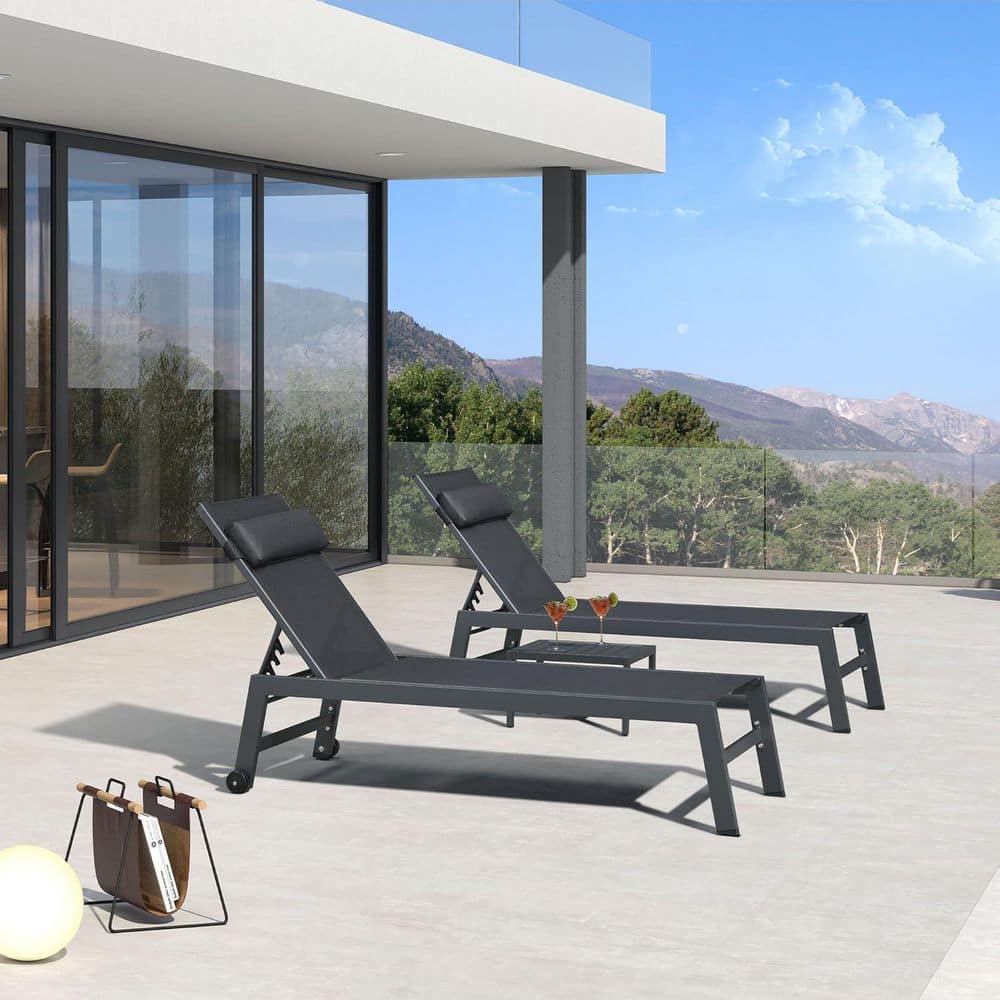 PURPLE LEAF Black Frame Lounge of 3-Pieces Aluminum Outdoor Chaise ...