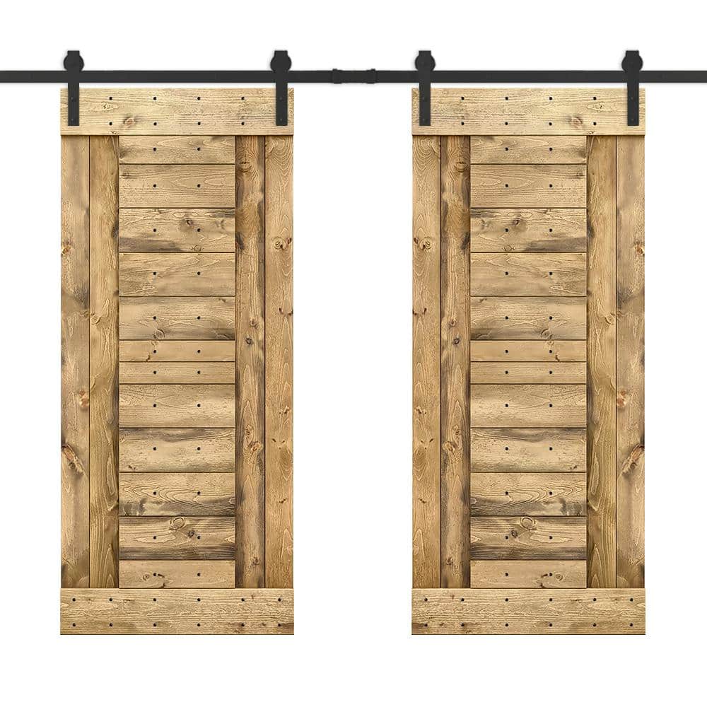 CALHOME 84 in. x 84 in. Weather Oak Stained DIY Knotty Pine Wood Interior Double Sliding Barn ...