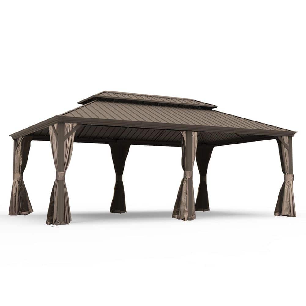 Clihome 14 ft. x 24 ft. Brown Hardtop Galvanized Steel Double Roof ...