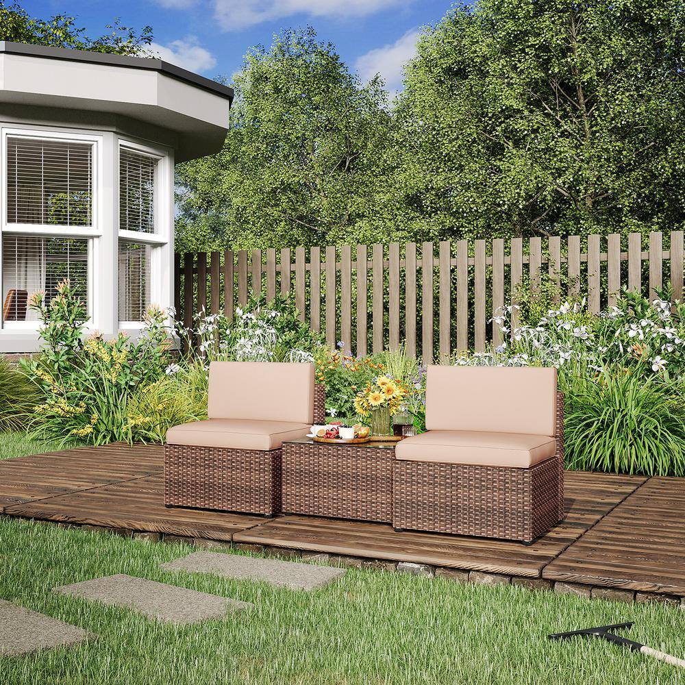 SUNMTHINK 3-Pieces Outdoor Brown Wicker Patio Conversation Set Armless ...