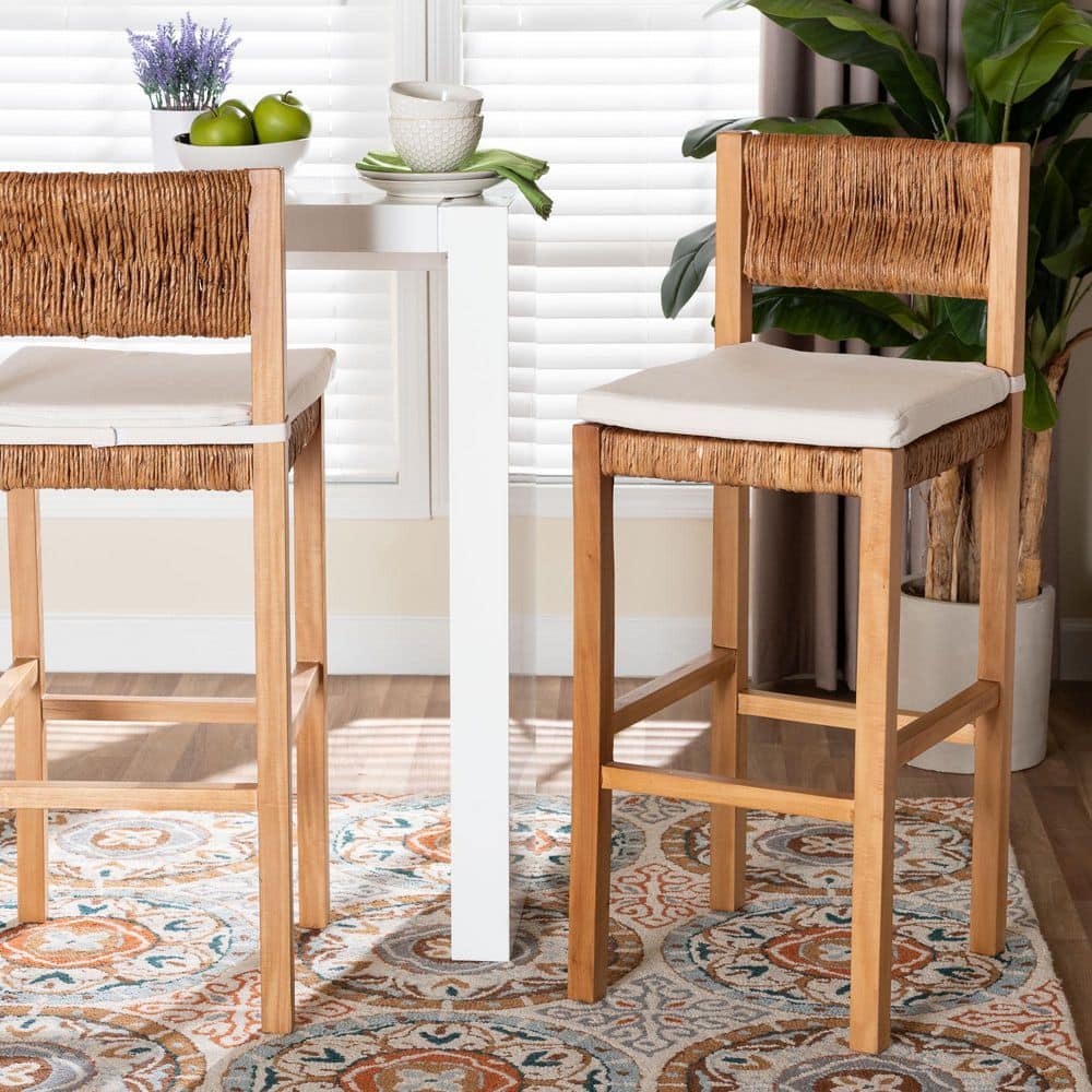 bali & pari Pava 43.3 in. H Honey Seagrass and Mahogany Wood Bar Stool ...