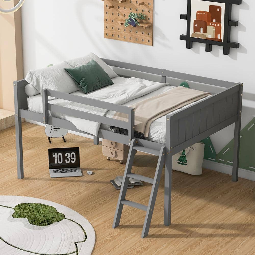 Harper & Bright Designs Gray Full Size Wood Low Loft Bed with Sloping ...