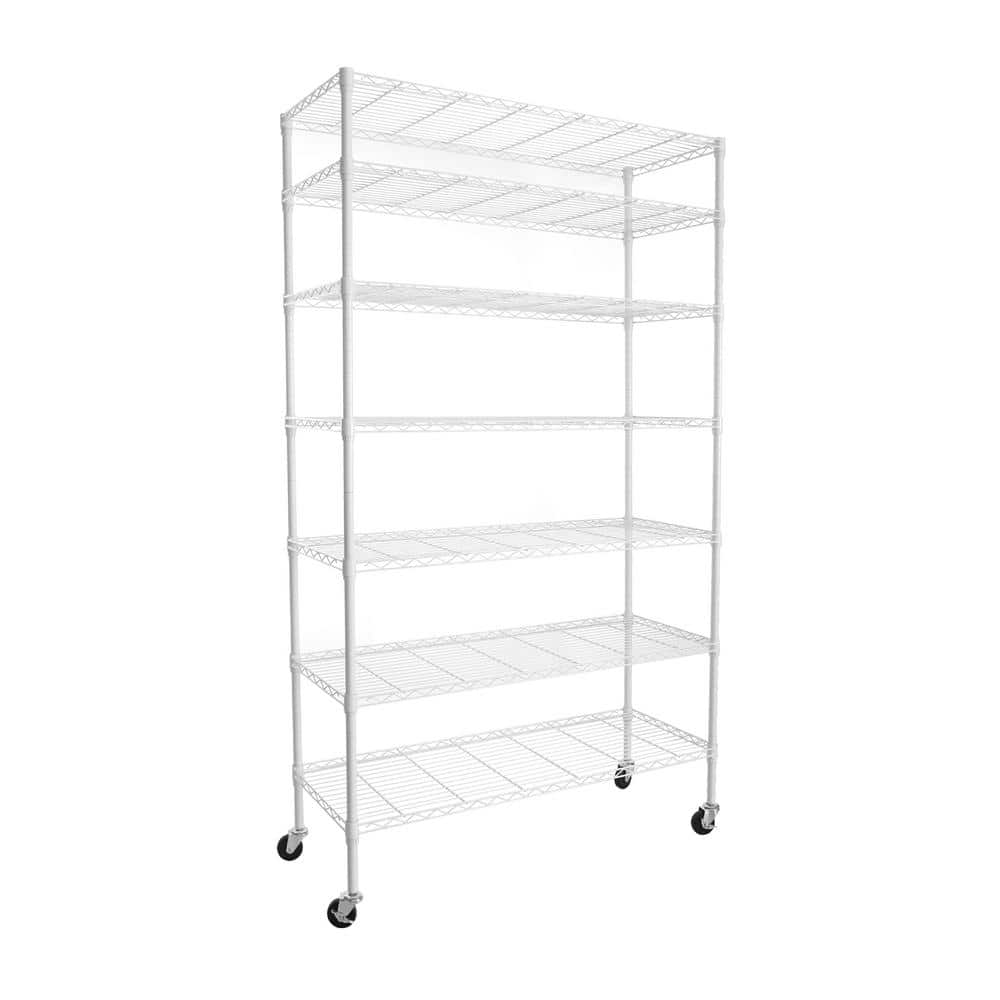FUNKOL 7-Ply White Wire Shelving Unit with Wheels, Holds 2450 Lbs (18in ...