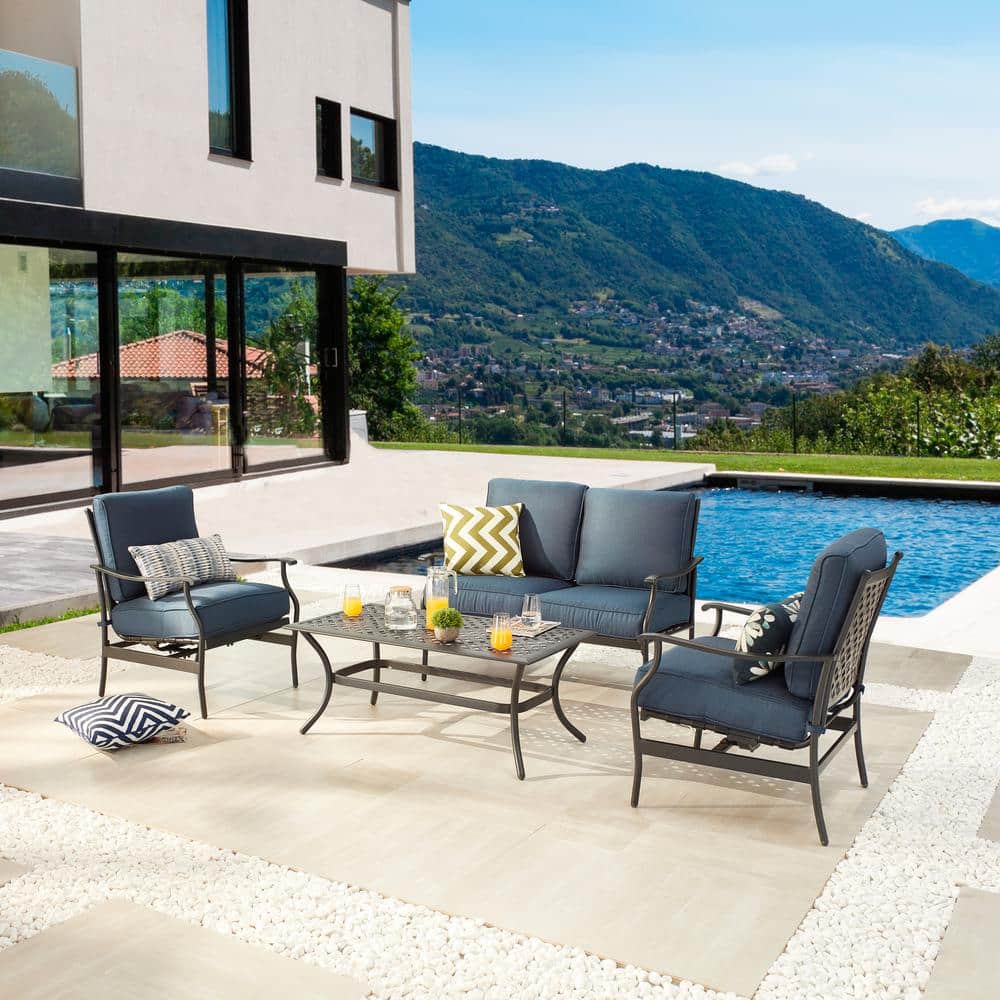 Patio Festival 4-Piece Metal Patio Conversation Set with Blue Cushions ...