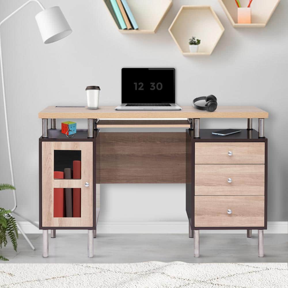 HOMESTOCK 47.2 in. Rectangular Espresso/Natural Wood 3-Drawer Desk with ...