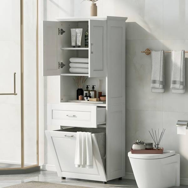 Linen cabinet with pull out hamper store