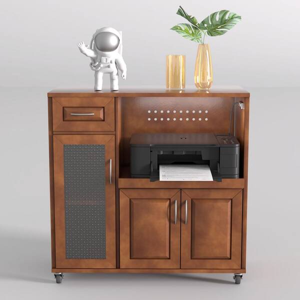 OS02 Walnut 35in. H Printer Storage Cabinet with Outlet and Casters ...