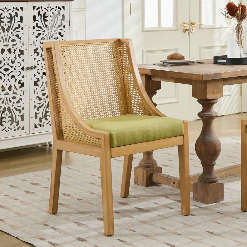 Olive Green Rattan Dining Chair,Linen Upholstered Side Chair with ...
