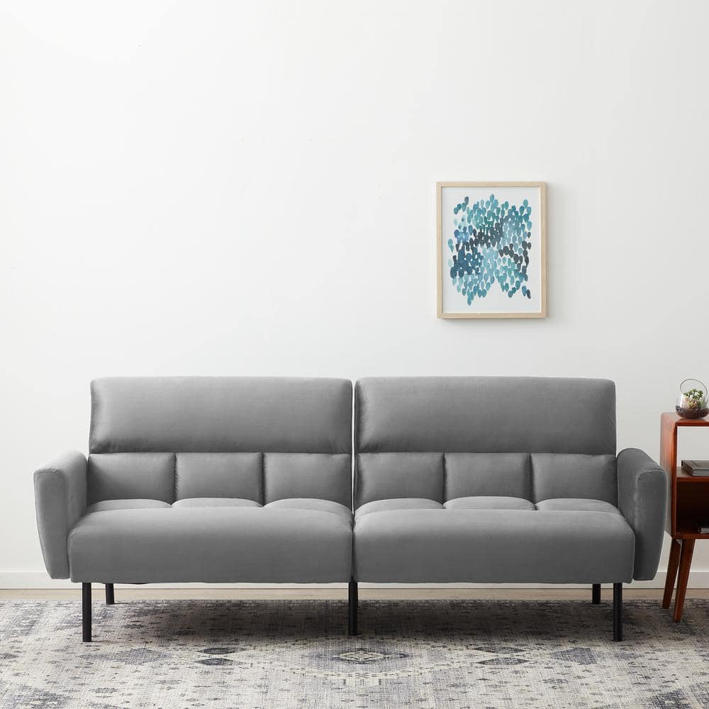 Lucid Comfort Collection Gray Velvet Futon Sofa Bed with Box Tufting ...