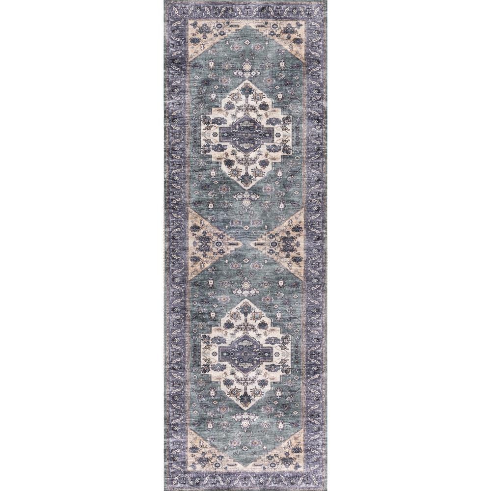 Nourison Brilliance Machine Washable Teal Blue 2 ft. x 6 ft. Vintage ...