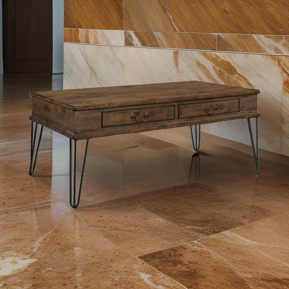 Benjara Itti 43.5 in. Brown and Bronze Rectangle Wood Coffee Table with ...