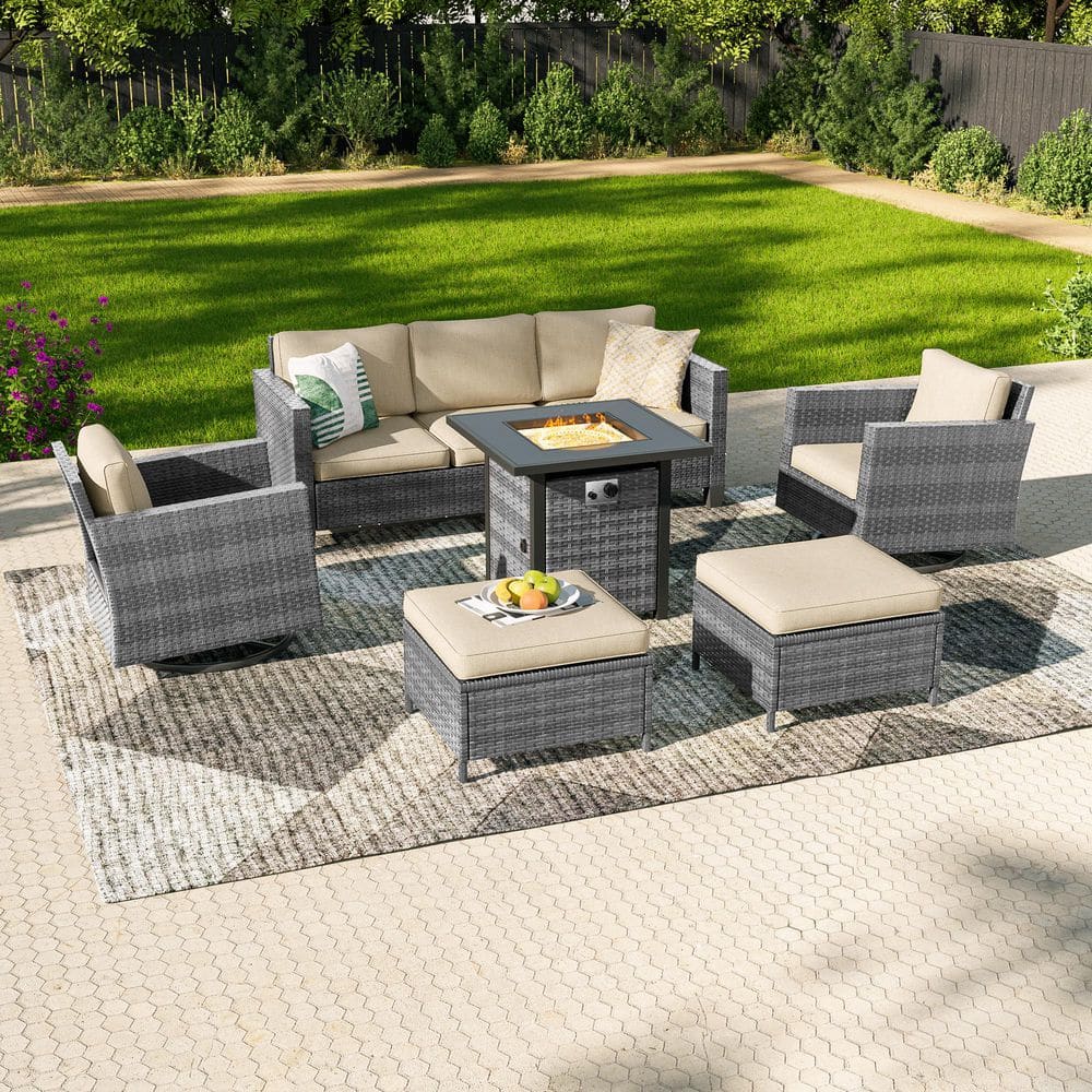 Sonkuki 6-Pieces Patio Conversation Set with Square Fire Pit Table and ...