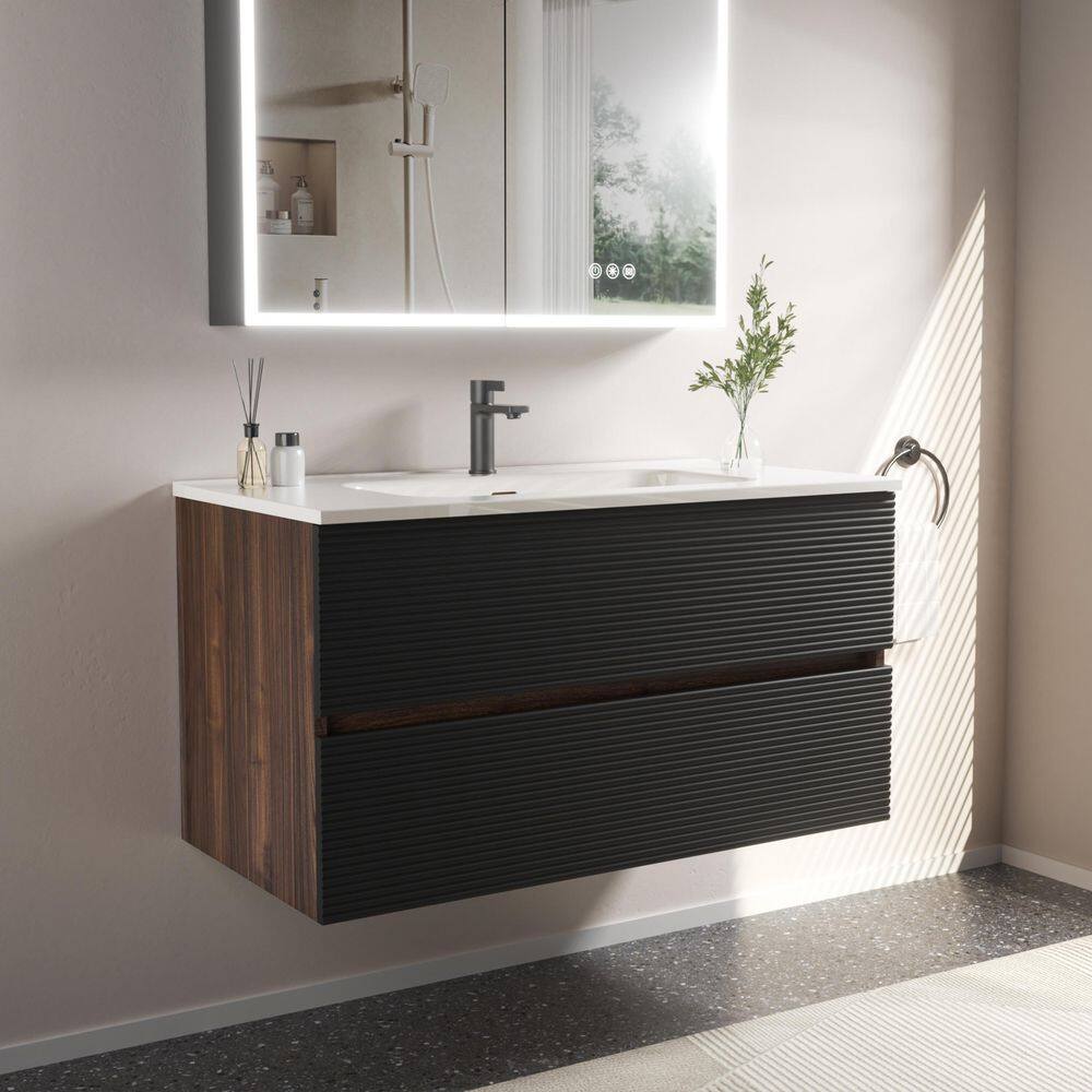 FAMYYT 36 in. Floating Black Walnut Bath Vanity with White Ceramic Top ...