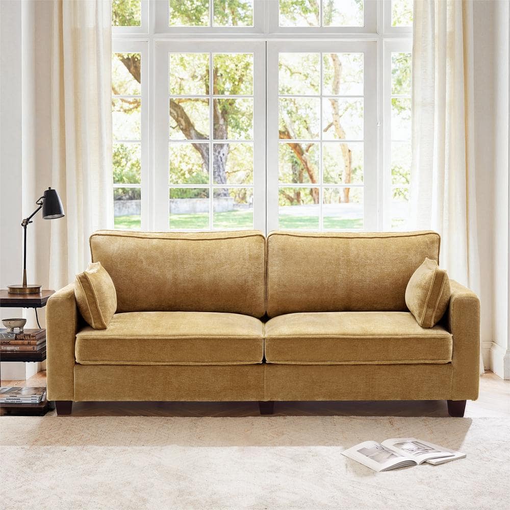 LUE BONA 80 in. W. Straight Arm Chenille Couch Rectangle Sofa Upholstered Loveseat in Yellow SG ...