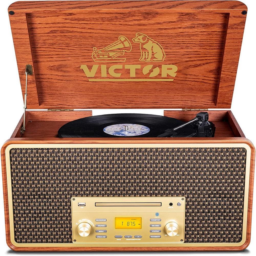 Victor Monument 8-in-1 Wood Music Center with Record Turntable, CD/MP3/Cassette, AM/FM Radio ...
