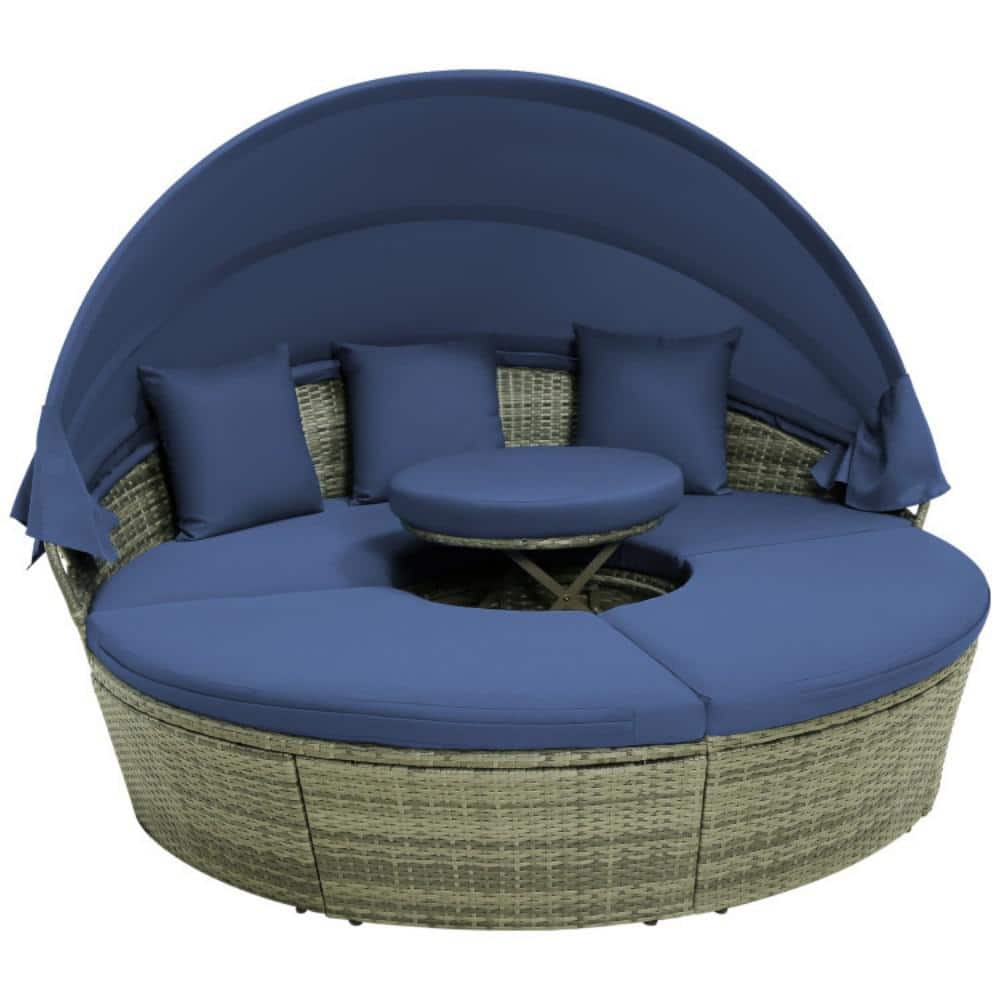 Kadehome Wicker Outdoor Patio Rattan Retractable Canopy Day Bed with ...