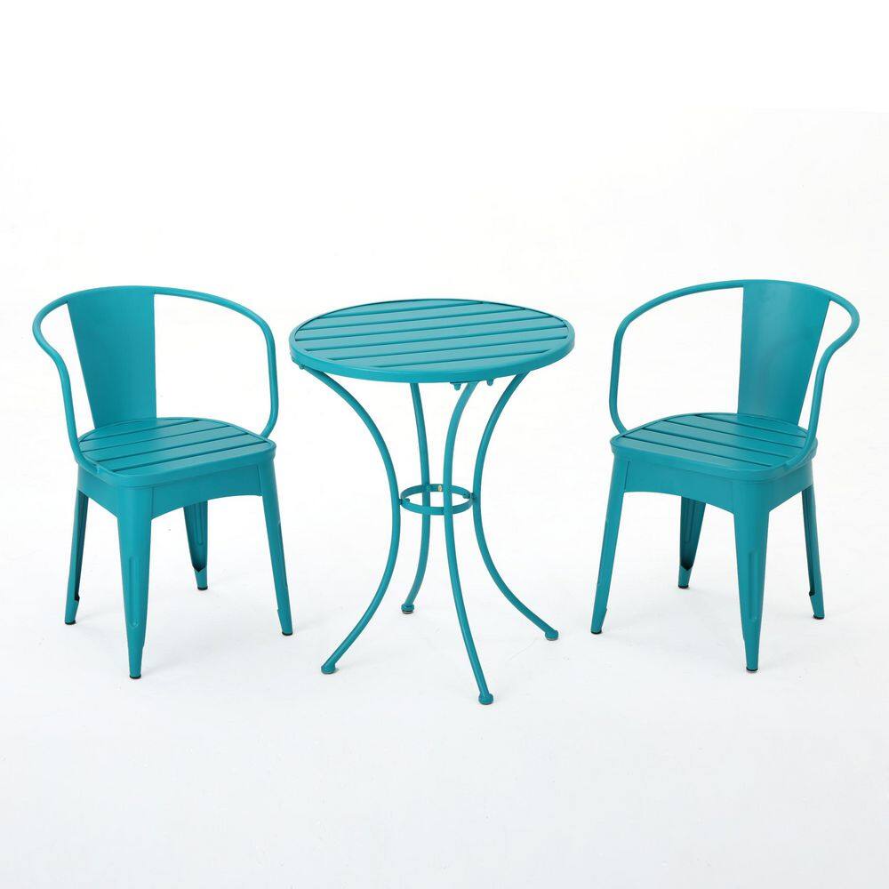 Modern Teal 3-Piece Metal Outdoor Bistro Set, Patio Set with Slatted ...