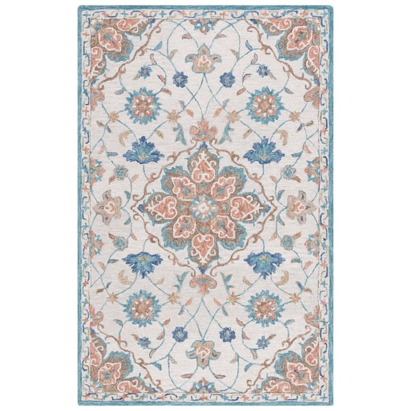 SAFAVIEH Blossom 4 ft. x 6 ft. Beige/Blue Floral Border Area Rug ...
