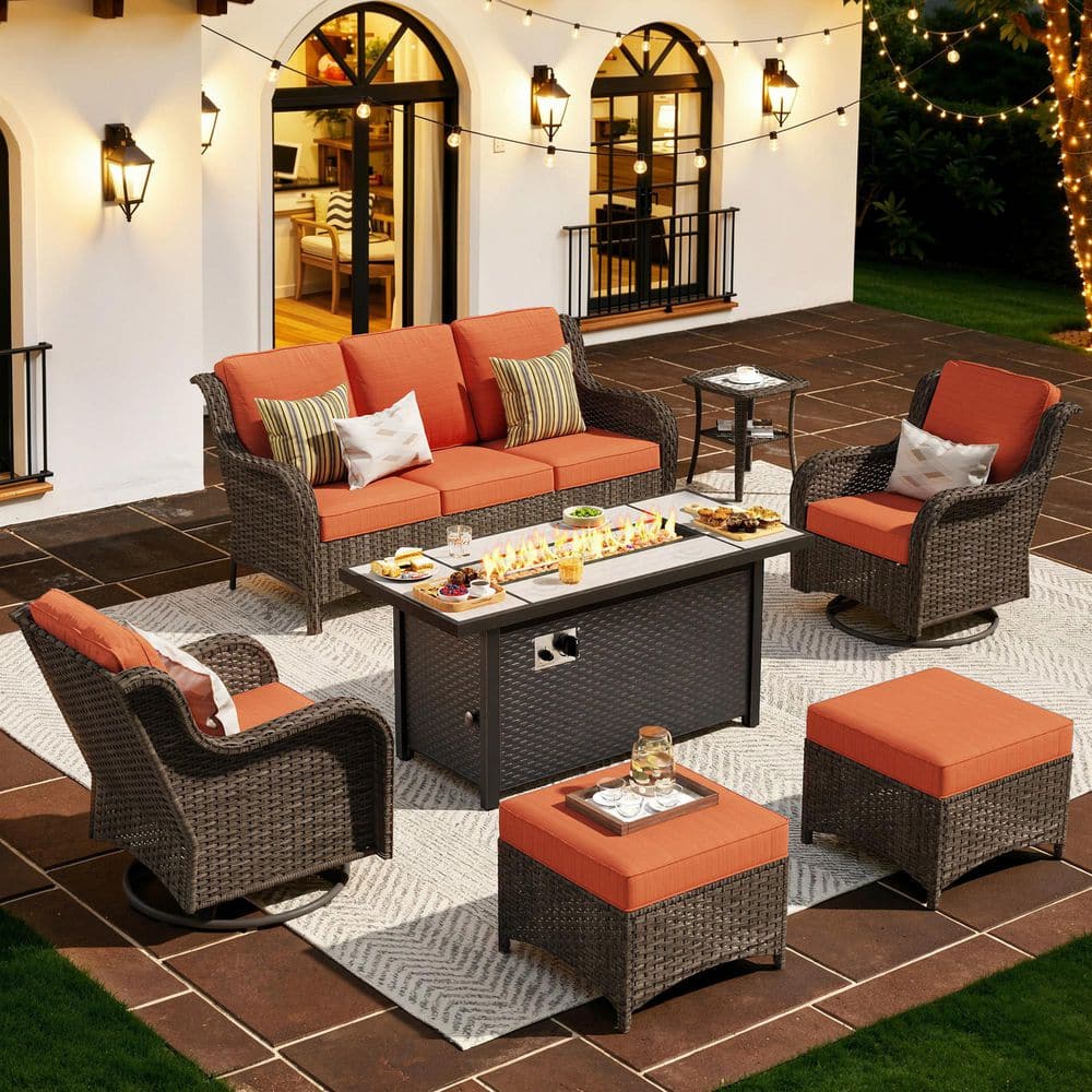 OVIOS Joyoung Brown 7-Piece Wicker Patio Rectangle Fire Pit ...
