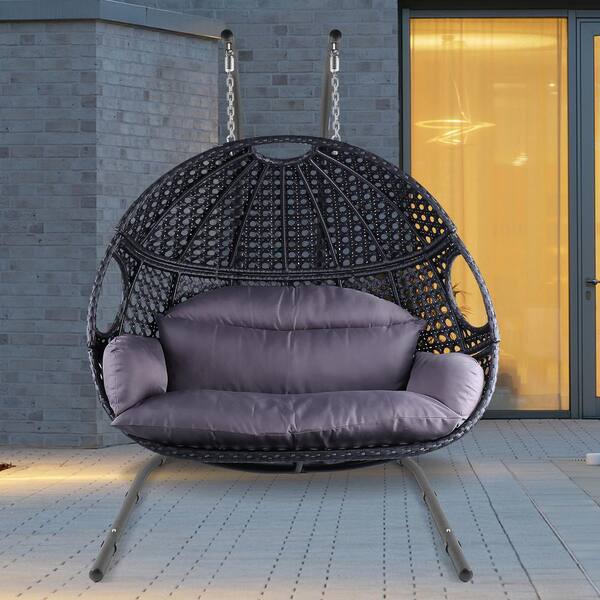 ITOPFOX 2-Person in Black Wicker Rattan Patio Swin with Stand for Patio ...
