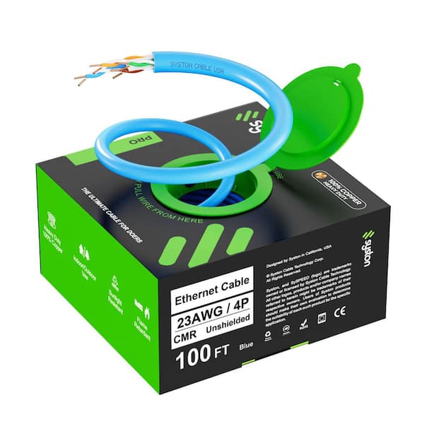 Syston Cable Technology 100 ft. Blue CMR CAT6E 600 MHz 23 AWG Solid Bare Copper Ethernet Network ...