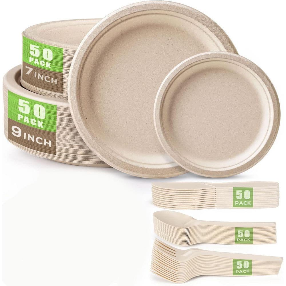 Adrinfly 250-Pieces Compostable Disposable Plates and Utensils Set, Eco ...