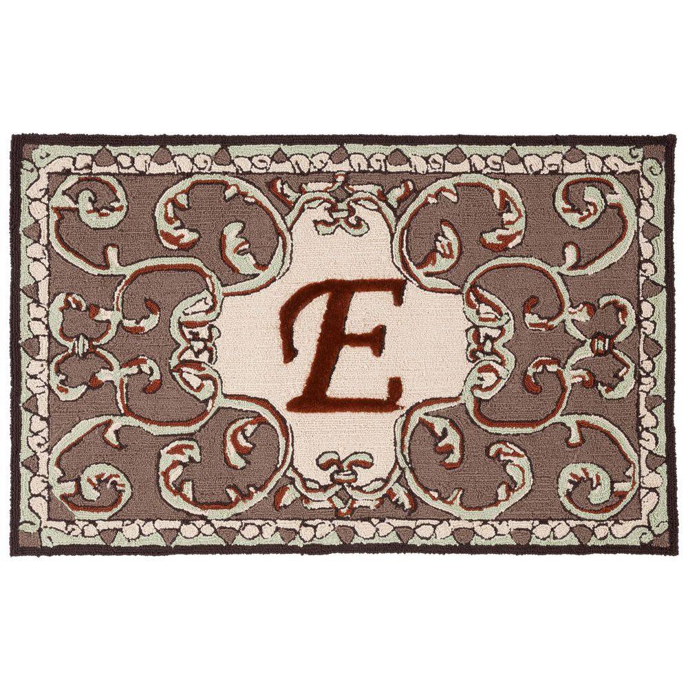 SAFAVIEH Monogram Mocha 3 ft. x 4 ft. "E" Ornate Floral Indoor/Outdoor ...