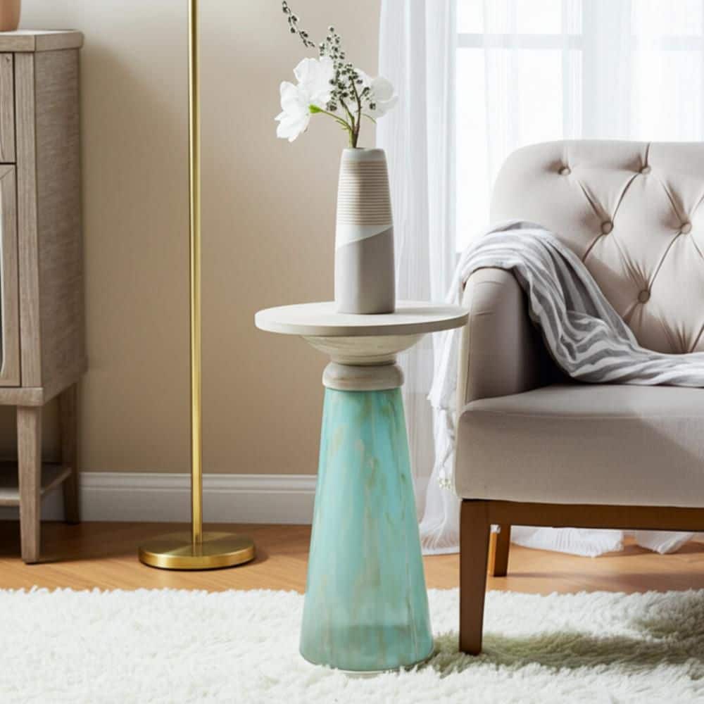 Liv & Skye 12 in. Blue Round Marble Top Art Tapered Base End Table ...